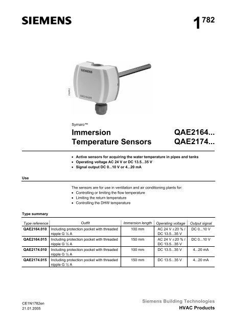 1782 Immersion Temperature Sensors QAE2164 ... - На npip-isu.ru