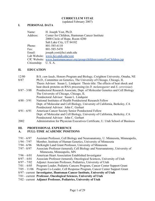 CURRICULUM VITAE AND BIBLIOGRAPHY - Huntsman Cancer ...
