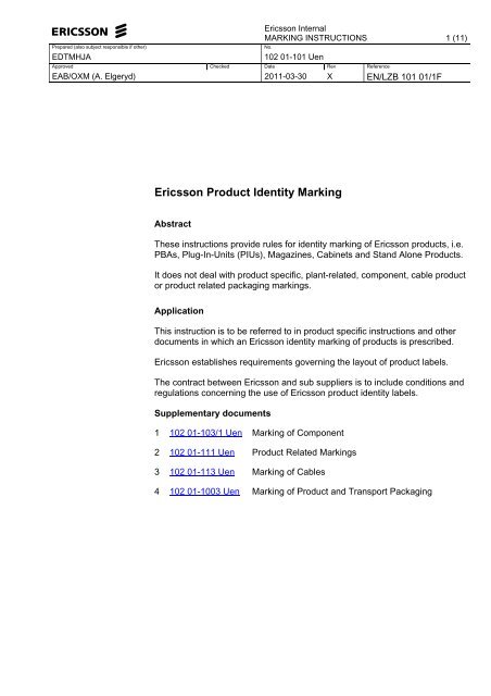 102 01-101 Uen, Ericsson Product Identity Marking