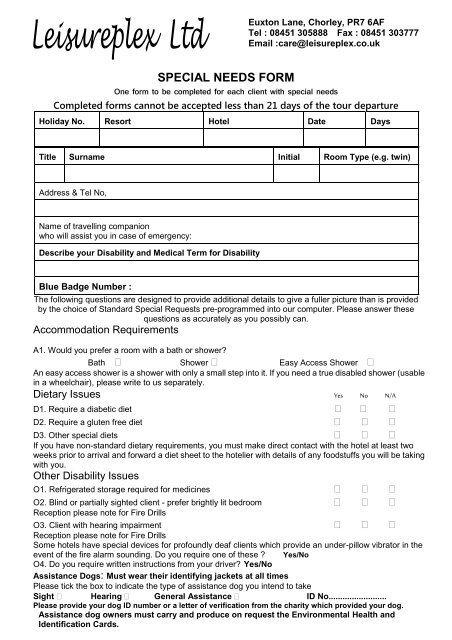 SPECIAL NEEDS FORM - Leisureplex Hotels