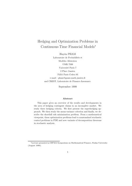 Hedging and Optimization Problems in Continuous-Time Financial ...