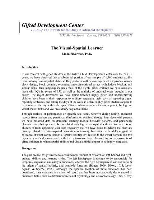 V-100 The Visual Spatial Learner - the Gifted Development Center