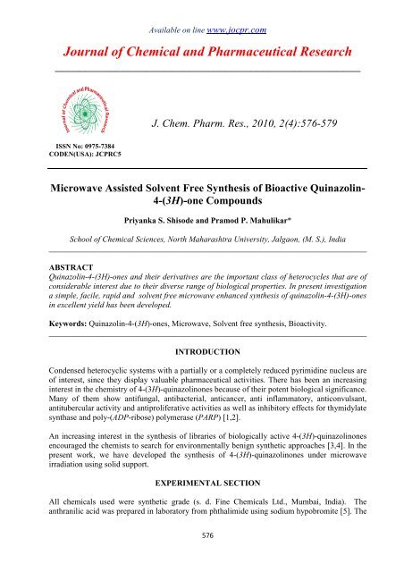 Microwave Assisted Solvent Free Synthesis of Bioactive Quinazolin