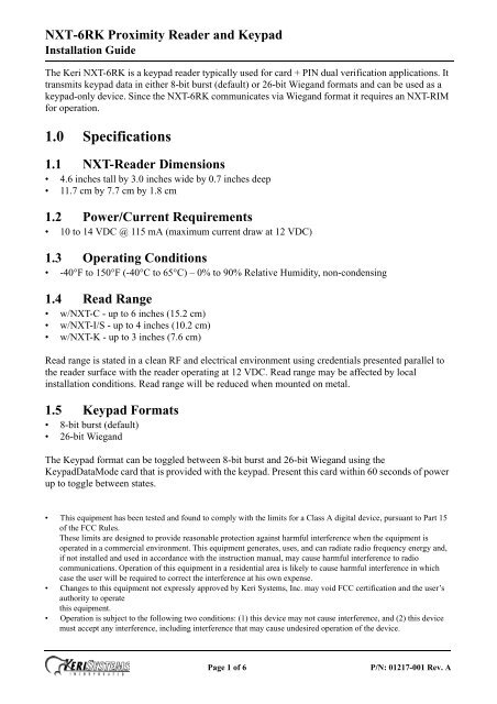 NXT-6RK Proximity Reader and Keypad Installation ... - Keri Systems