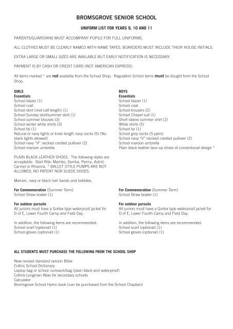 Senior Uniform List - Bromsgrove School