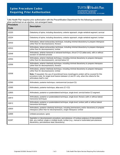 Spinal Procedures Requiring Prior Authorization - Tufts Health Plan