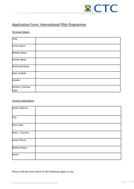 International Pilot Programme Application Form - CTC Wings