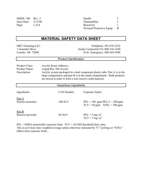 material safety data sheet - MKT Fastening, LLC.