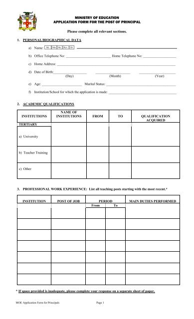 MINISTRY OF EDUCATION APPLICATION FORM FOR THE POST ...