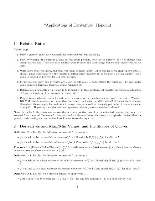 “Applications of Derivatives” Handout