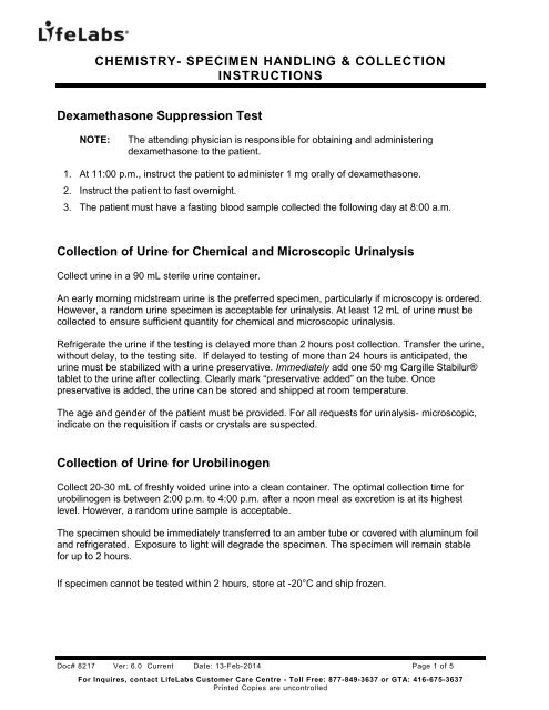 Chemistry - Specimen Handling and Collection Instructions - Lifelabs