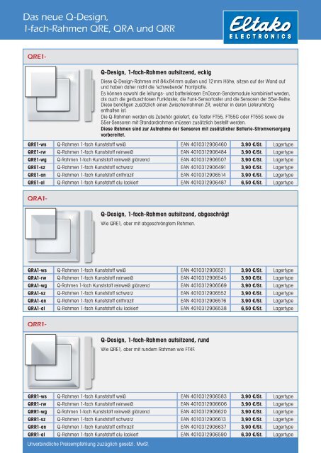 Das neue Q-Design, 1-fach-Rahmen QRE, QRA und QRR - Eltako