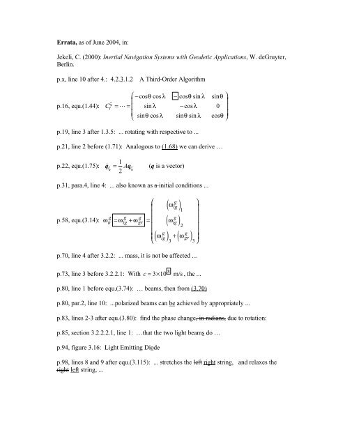 Errata, as of June 2004, in: Jekeli, C. (2000): Inertial Navigation ...