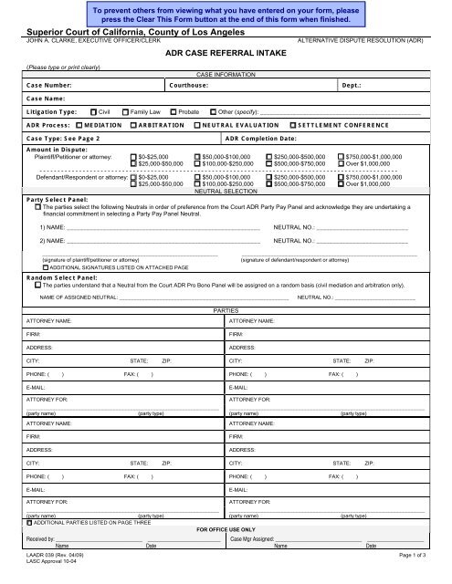 ADR Case Referral Intake ADR039 - Superior Court of California ...