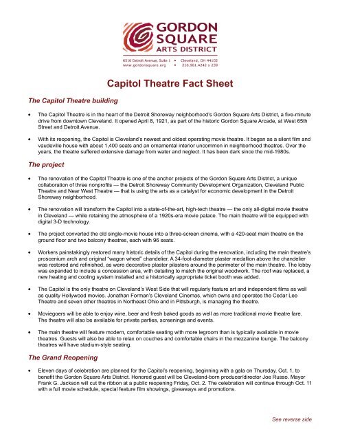 Capitol Theatre Fact Sheet - Gordon Square Arts District