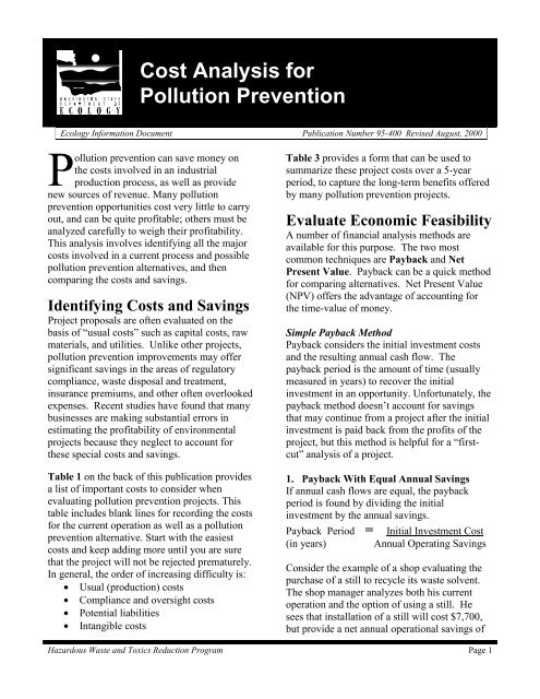 Cost Analysis for Pollution Prevention