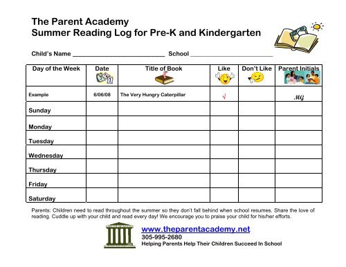 The Parent Academy Summer Reading Log for Pre-K and ...