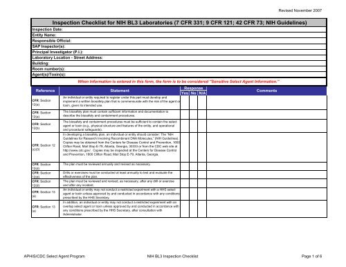 BSL3 Checklist with NIH Guidelines - Select Agent Program