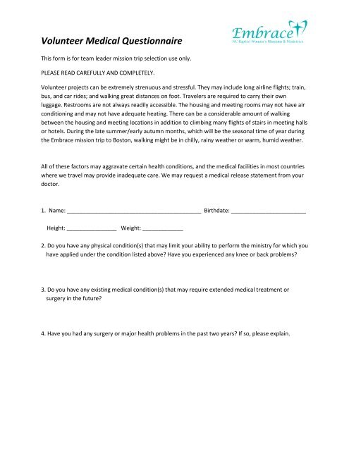 Volunteer Medical Questionnaire