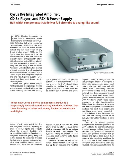 Cyrus 8vs Integrated Amplifier, CD 8x Player, and PSX-R Power ...