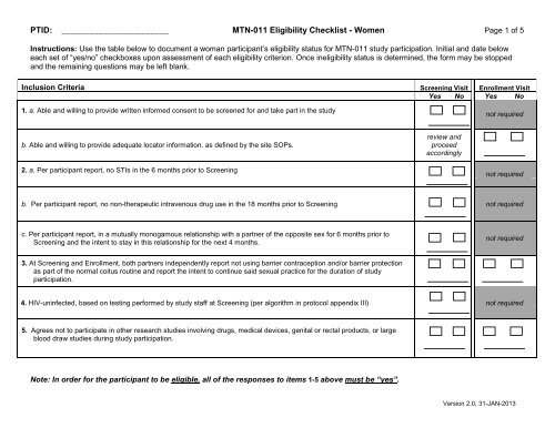 Eligibility Checklist - Women