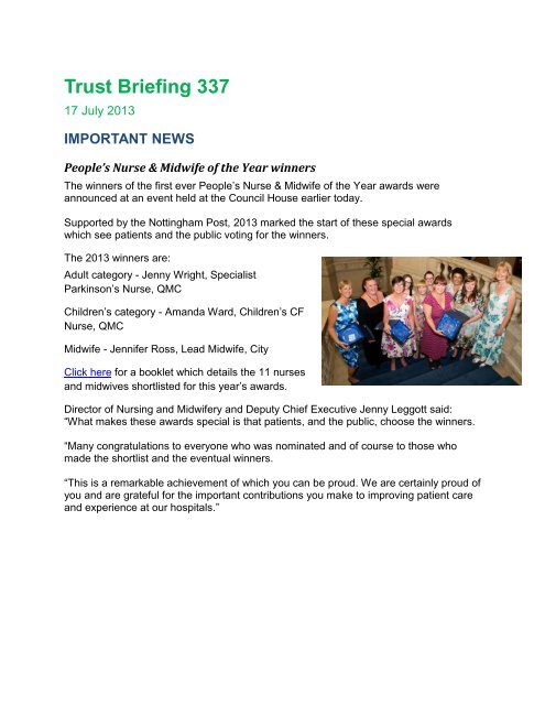 Trust Briefing 313 - Nottingham University Hospitals NHS Trust Trust Briefing 313 - Nottingham University Hospitals NHS Trust
