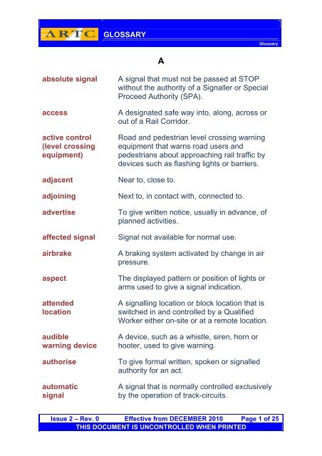 Glossary - Australian Rail Track Corporation