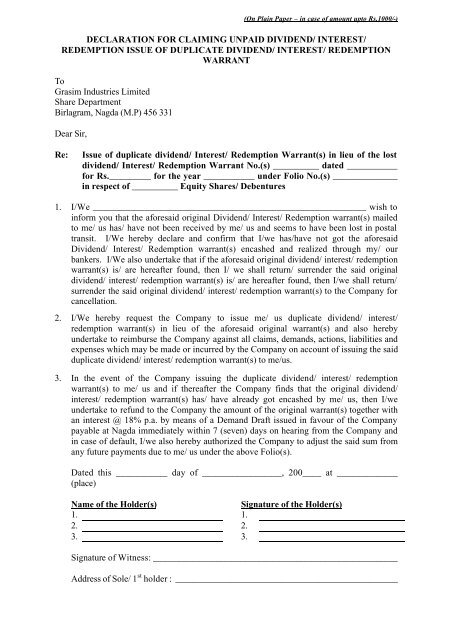 Declaration form for Issue of Duplicate Dividend Warrant uâ ¦ - Grasim