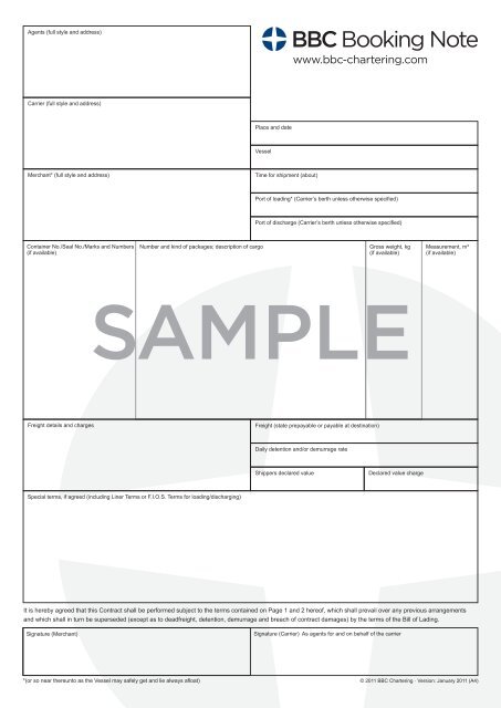 BBC Booking Note - BBC Chartering