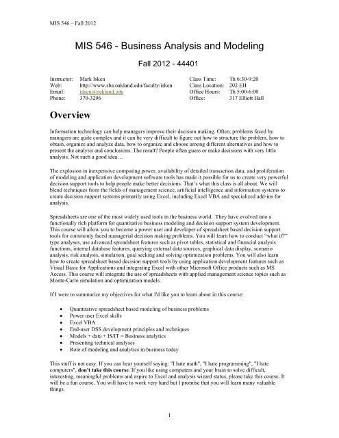 Sample syllabus - Oakland University School of Business ...