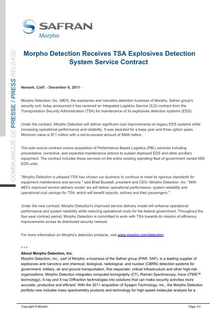 Morpho Detection Receives TSA Explosives Detection System ...