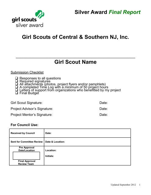 Silver Award Final Report Girl Scouts Of Central And Southern Nj Inc