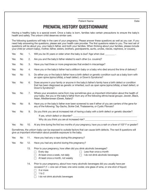 PRENATAL HISTORY QUESTIONNAIRE - Providence Washington