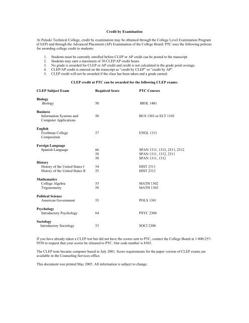 Credit by Examination - Pulaski Technical College