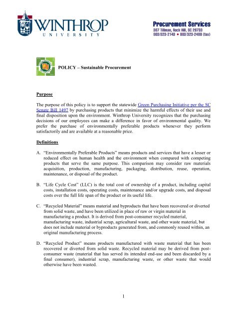 Sustainable Procurement Policy - Winthrop University