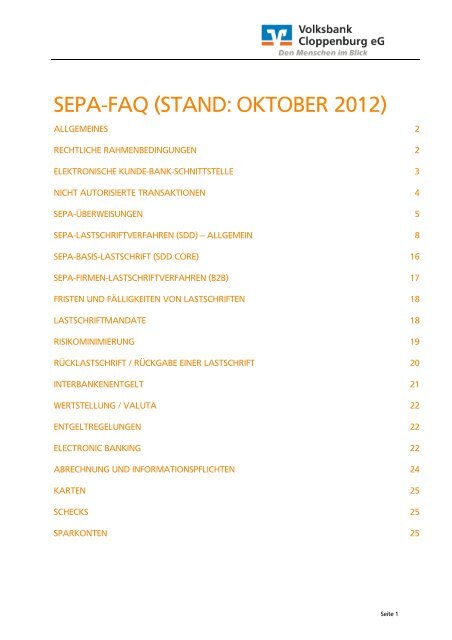 SEPA - FAQ - Volksbank Cloppenburg eG