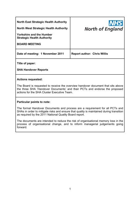 SHA Handover Reports - NHS North West