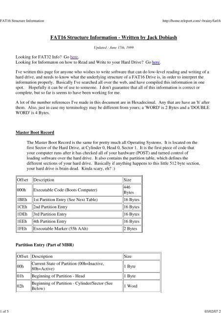 FAT16 Structure Information - Written by Jack Dobiash - teslabs