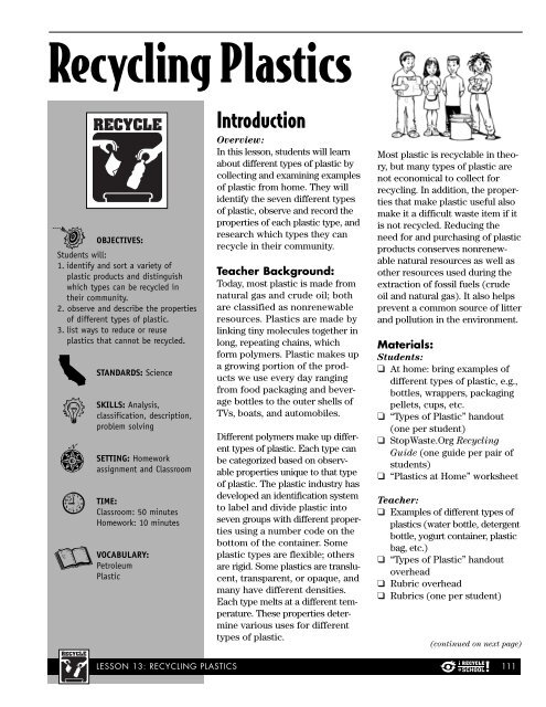 Lesson 13: Recycling Plastics - StopWaste.org