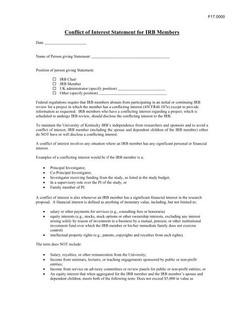 Conflict of Interest Statement for IRB Members - Research ...