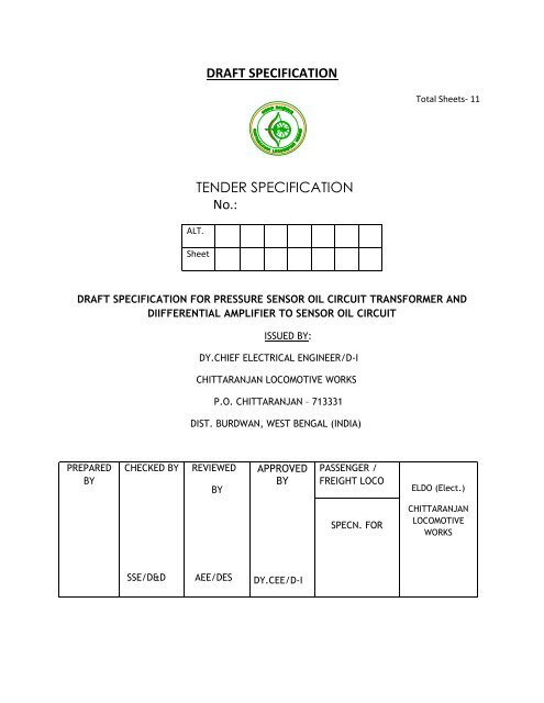 DRAFT SPECIFICATION TENDER SPECIFICATION No.: