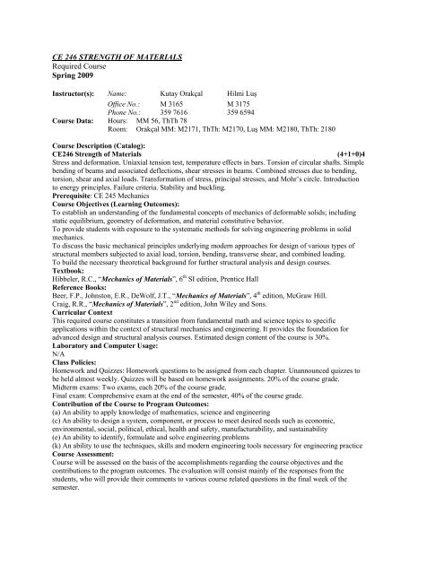 CE 246 STRENGTH OF MATERIALS Required Course Spring 2009