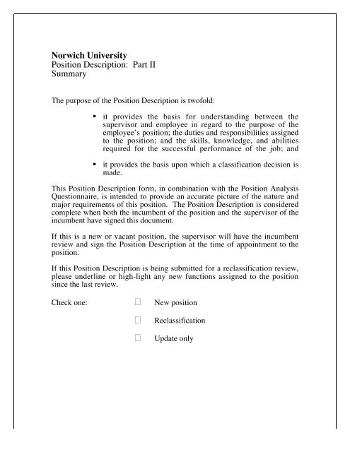 Norwich University Position Description: Part II Summary