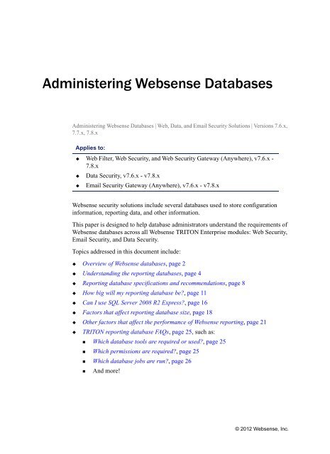 Administering Websense Databases, v7.6.x and 7.7.x
