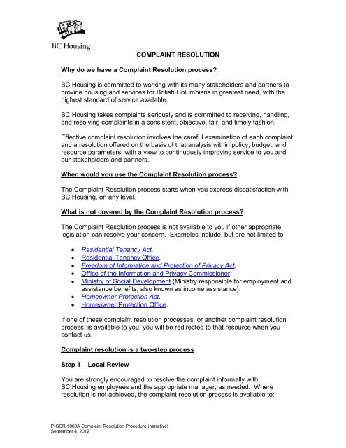 Complaints Resolution Process - BC Housing
