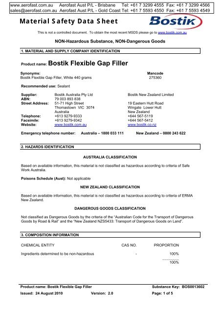 Bostik Acrylic Gap Filler Material Safety Data Sheet - Aerofast.com.au