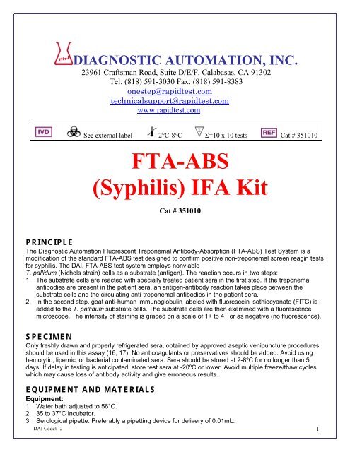 FTA-ABS (Syphilis) IFA Kit - ELISA kits - Rapid tests