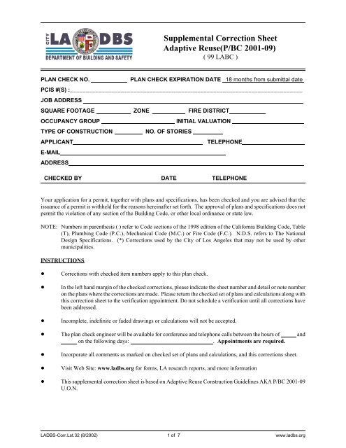 Supplemental Correction Sheet Adaptive Reuse(P/BC 2001 ... - ladbs