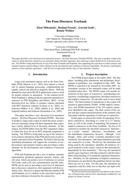 The Penn Discourse Treebank - University of Pennsylvania