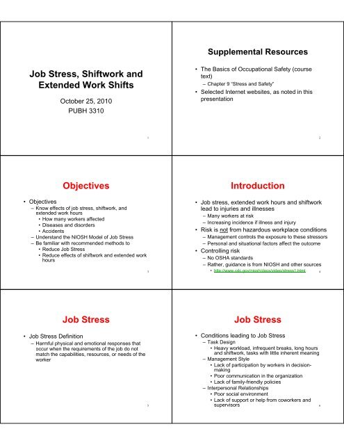 Job Stress, Shiftwork and Extended Work Shifts Objectives ...